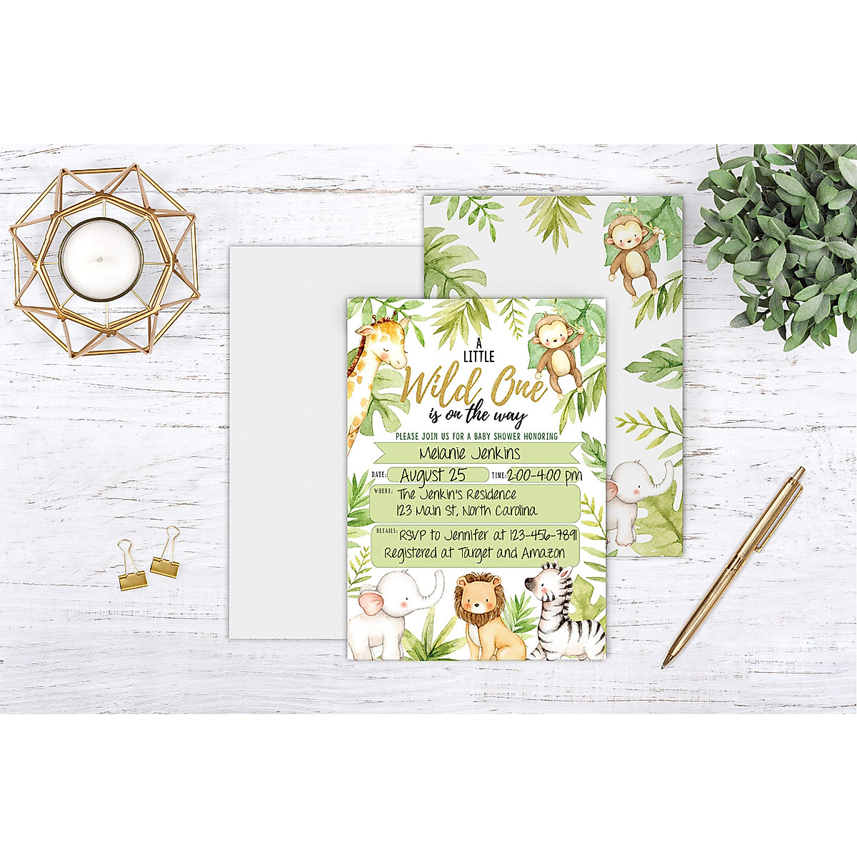 Your Main Event Prints Jungle Baby Shower Invitations, Safari Elephant, Giraffe, Lion and Monkey Baby Shower Invites with Diaper Raffles Cards, Sprinkle, 20 Invites Including Envelopes