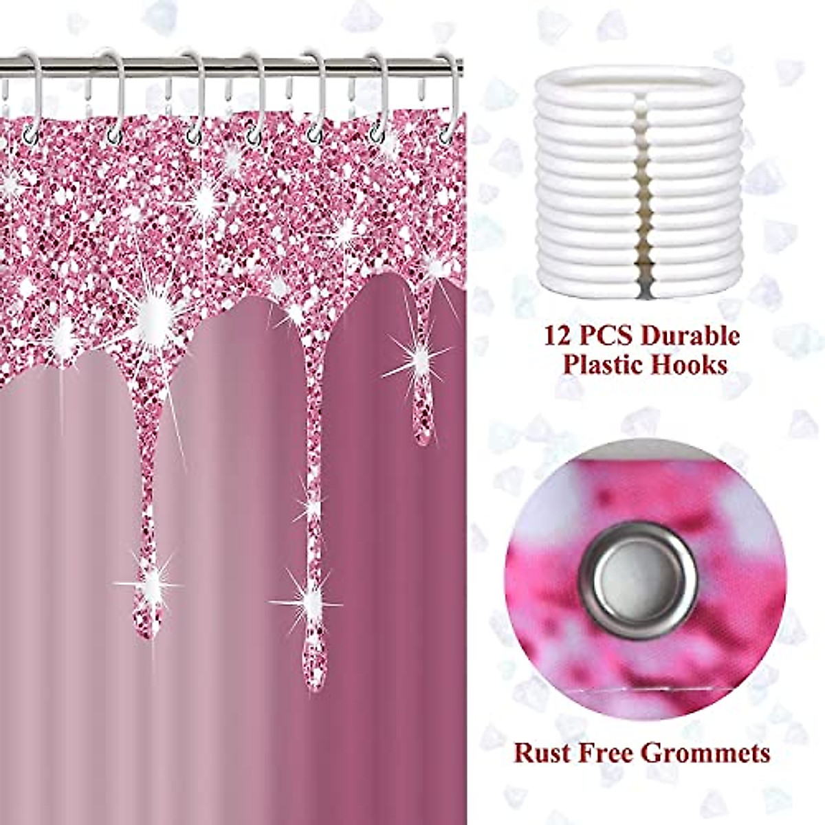 Glitter Diamond Shower Curtain for Bathroom Set Decor with Non-Slip Rugs Bath U-Shaped Mat Toilet Lid Cover Pink Bathroom Curtains Shower Set with 12 Hooks, Glitter Siamond Bathroom Set