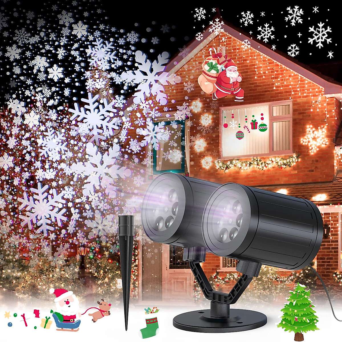 Christmas Snowflake Projector Lights, RLUETIME Double Head IP65 Waterproof Led Snowfall Show Outdoor, Christmas Decorations, Ideal for Xmas Holiday Party Wedding Garden Patio