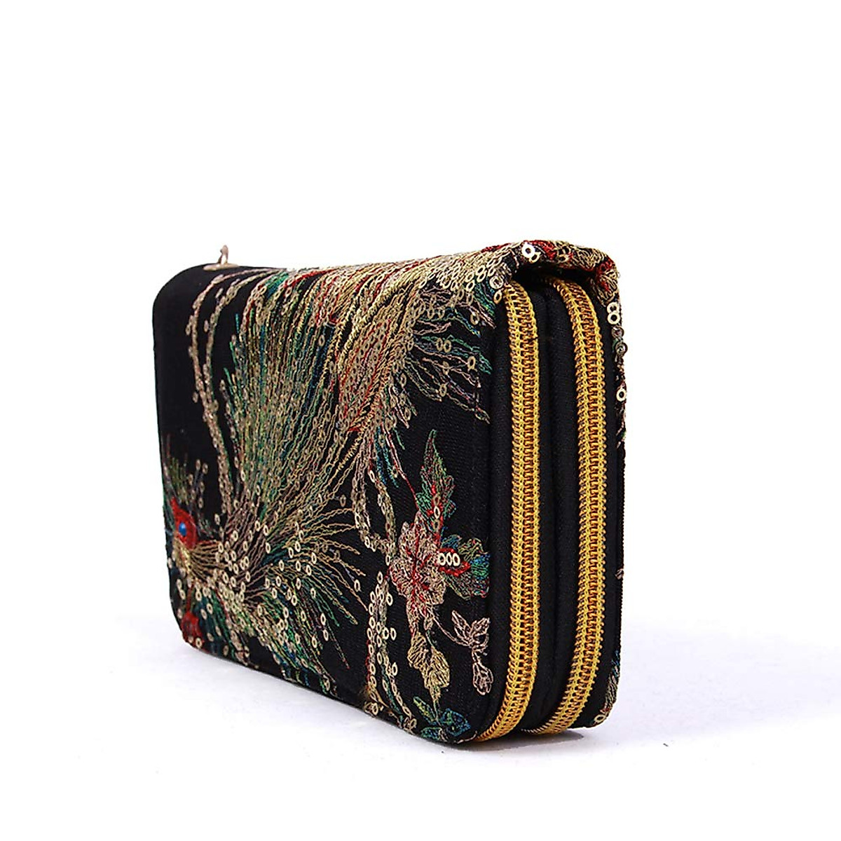 Ethnic Minority Style Double-Sided Embroidered Wallet, Special Peacock Embroidery, Long Zipper, Hand Wallet Mobile Phone Bag (Black)