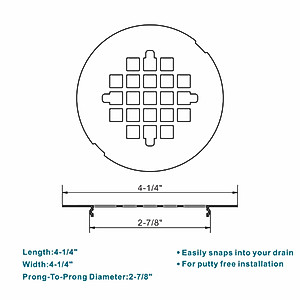 Brushed Nickel 4-1/4" OD Snap-in Shower Drain Cover Replacement, Welsan Stainless Steel Round Shower Strainer Grid Easy to Install