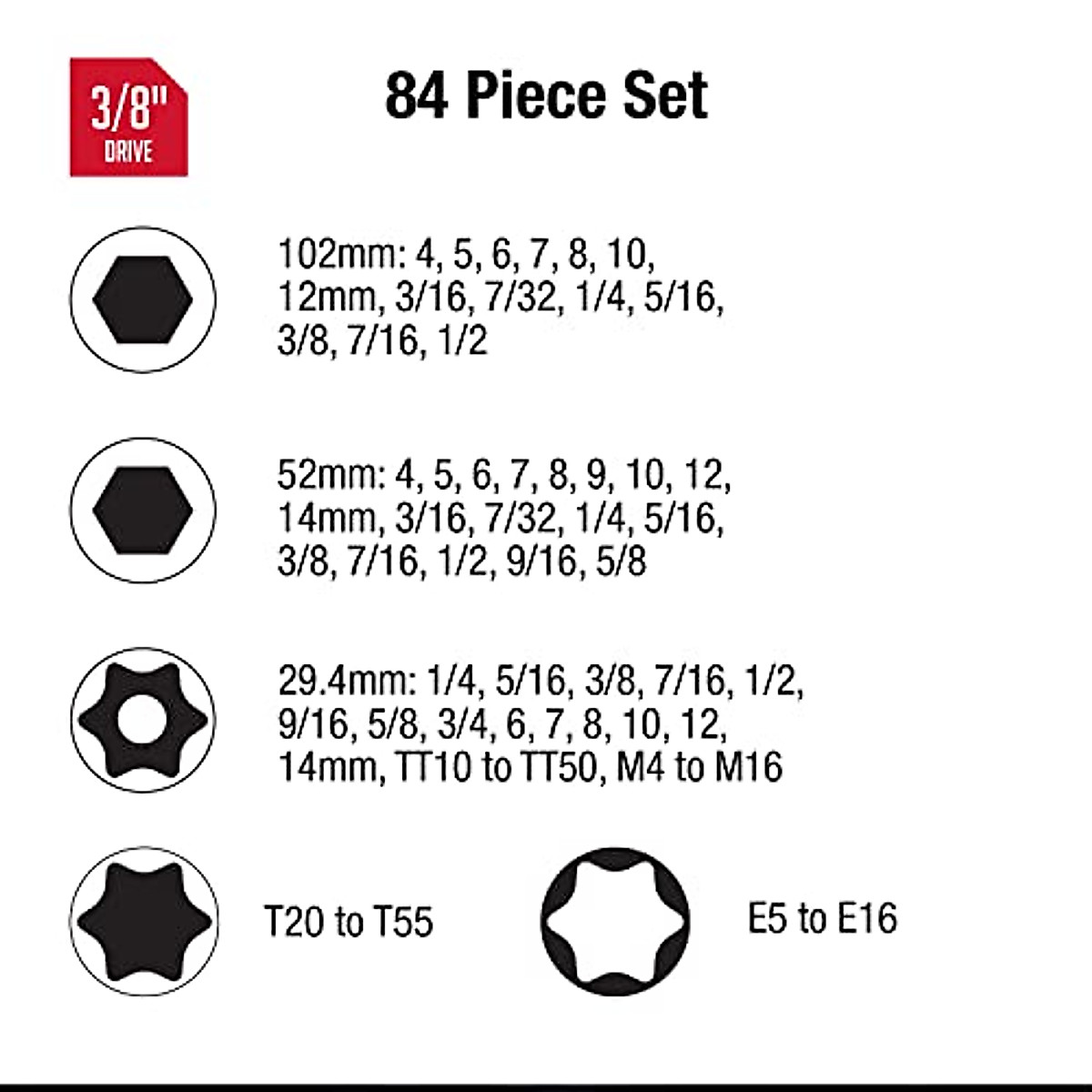 Sunex 3569 3/8" Dr. Master Hex Bit Impact Socket Set (84 Piece)