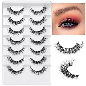 JIMIRE Demi-wispies Faux Mink Eyelashes with Clear Band Russian Strip Lashes Fluffy Natural Look Wispy Light 13MM Short False Eyelashes Invisible Small 3D Fake Lashs Pack 7 Pairs