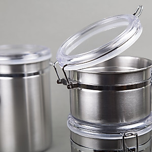 Creative Home Set of 4 Pieces Stainless Steel Kitchen Storage Jar Container Canister with Clear Airtight Lid and Locking Clamp for Food, Cookie, Flour, Sugar, Tea, Coffee Storage