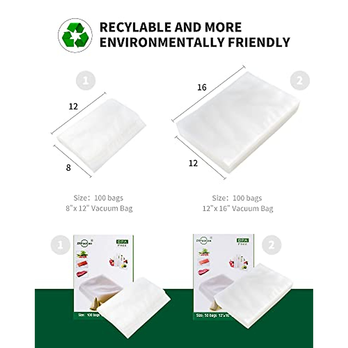 ZRFooCoo Vacuum Sealer Bags for Food Saver, 100 Count 8" x 12" BPA Free Precut Food Vac Bags, Heavy Duty Vaccum Food Sealer Bags for Storage, Meal Prep or Sous Vide Bag