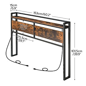 HOOBRO Headboard Queen Size, Headboard with 2 Outlets and 4 USB Ports, Adjustable Height, Storage Rack, Sturdy and Stable, Easy Assembly, Rustic Brown and Black