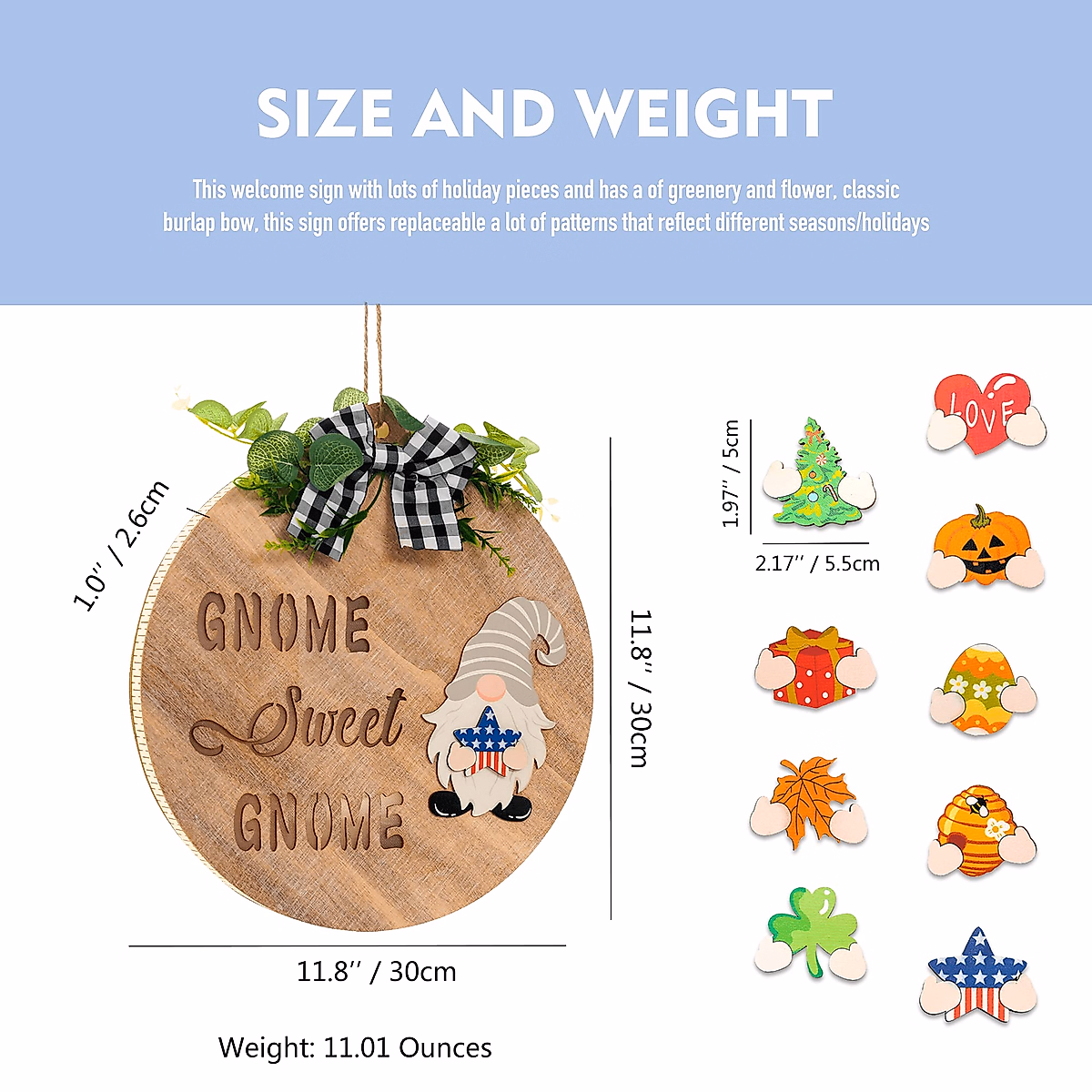 Lighted Interchangeable Gnome Welcome Door Sign, 12 inches Seasonal Front Door Gnome Sweet Gnome Home Decor Hanger, Holiday Wooden Rustic Farmhouse Wall Decor Wreaths with LED Light & 9 Season Icons