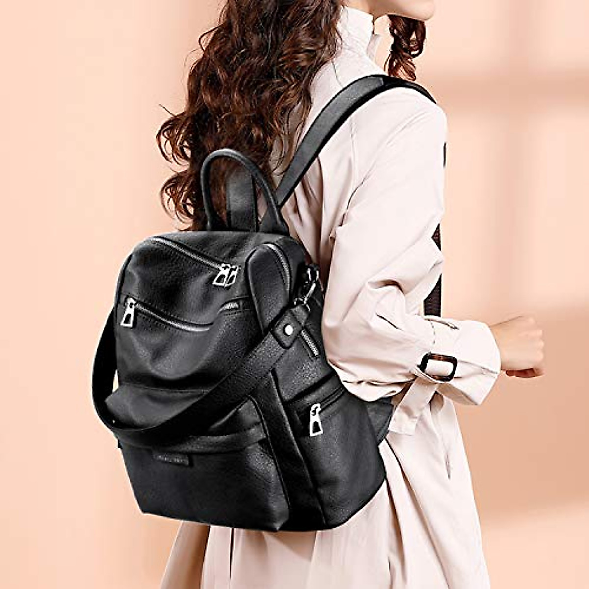 LING SHUIWEN LSW Backpack Purse for Women Fashion Convertible Satchel Handbags Large Capacity Travel Vintage PU Leather Bookbag Multipurpose Design Ladies Shoulder Bag (Black)