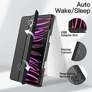 JETech Case for iPad Pro 12.9-Inch (2022/2021/2020/2018) with Pencil Holder, Clear Transparent Back Shell Slim Stand Shockproof Tablet Cover, Auto Wake/Sleep (Black)