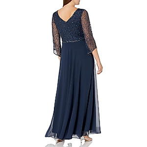 J Kara Women's 3/4 Sleeve V-Neck Beaded Top Long Gown, Navy/Mercury, 14