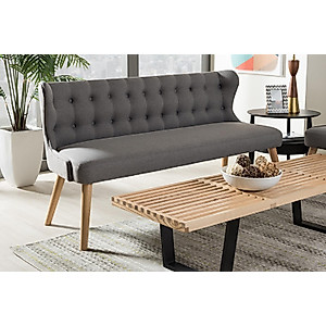 Baxton Studio Melody Mid-Century Modern Grey Fabric and Natural Wood Finishing 3-Seater Settee Bench