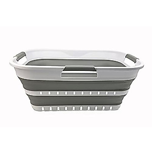 SAMMART 21L (5.5 gallon) Super Mini Collapsible 3 Handled Plastic Basket - Foldable Pop Up Storage Container/Organizer - Space Saving Hamper/Basket (White/Grey)