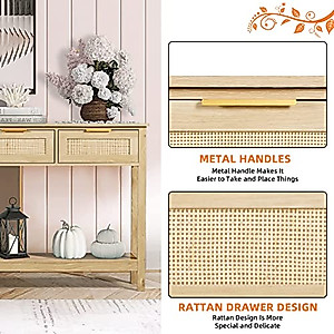 LAZZO Rattan Console Table Boho Entryway Table Narrow Long Sofa Table Hallway Foyer Table Behind Couch Table with 3 Drawers and Open Storage Shelf for Living Room and Corridor Natural Wood
