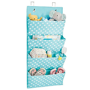 mDesign Soft Fabric Wall Mount/Over Door Vertical Hanging Storage Organizer Center - 4 Large Pockets for Baby Child/Kids Bedroom, Nursery, Playroom, Closet - Polka Dot Print - Turquoise Blue/White