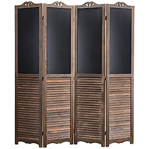 MyGift 4 Panel Rustic Dark Brown Wood Folding Room Divider Decorative Semi Private Screen with Chalkboard Panels and Two Way Hinges