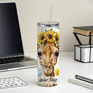 Personalized Custom Name Text Giraffe Watercolor Design With Sunflowers Skinny Tumbler 20oz with Straw Insulated Water Bottle Gift - 1 Line Horizontal