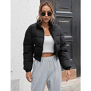 Gihuo Womens Cropped Quilted Puffer Jacket Lightweight Padded Coat Warm Puffy Coat Zip UP Bubble Coats with Pockets(Black-S)