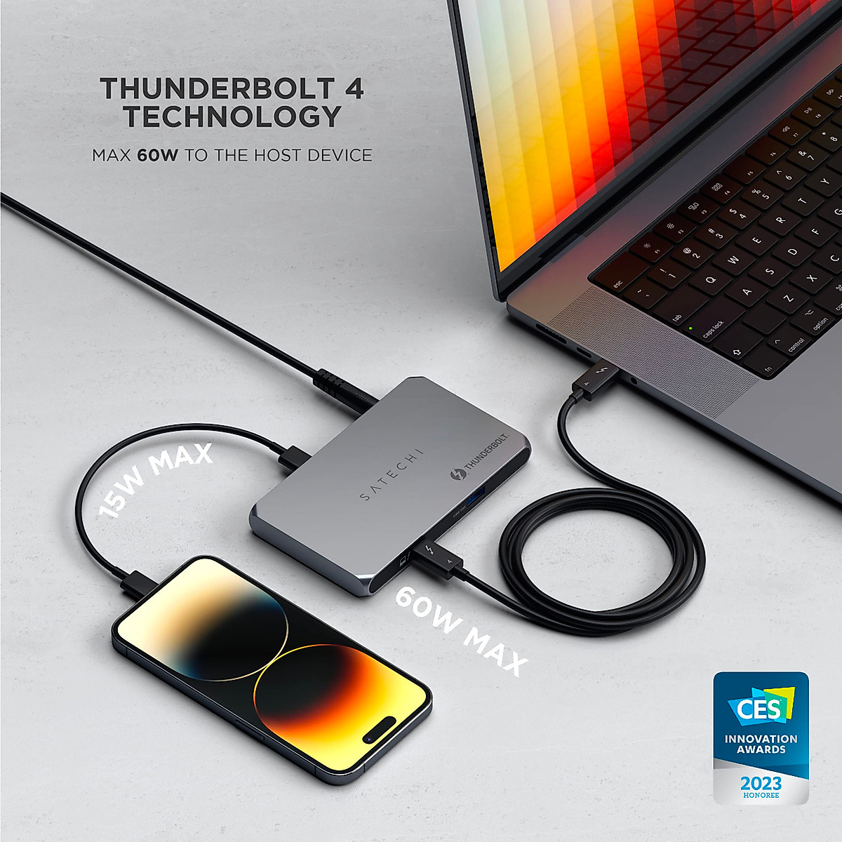 Satechi Thunderbolt 4 Hub 5 in 1, Thunderbolt 4 Dock with 3 Thunderbolt 4 Downstream Ports, 60W PD Charging, Single 8K/ Dual 4K Display, USB-A Data, DC Port for MacBook, Windows