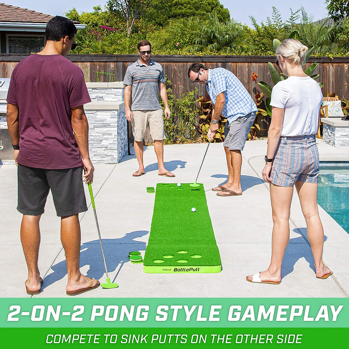 GoSports BattlePutt Golf Putting Game, 2-on-2 Pong Style Play with 11 ft Putting Green, 2 Putters and 2 Golf Balls
