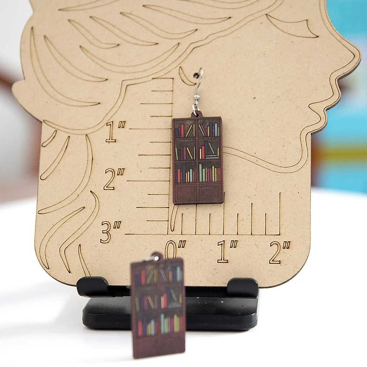 twinkle eye Double Sided Bookcase Wooden Earrings, Bookcase Dangle Earrings With Book Shelves Patterned Pendant Earrings, Gifts For The Beginning Of School Season