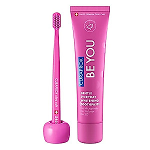 Curaprox CS 5460 Toothbrush, Toothbrush Holder and Be You Toothpaste, Home Kit, Pink
