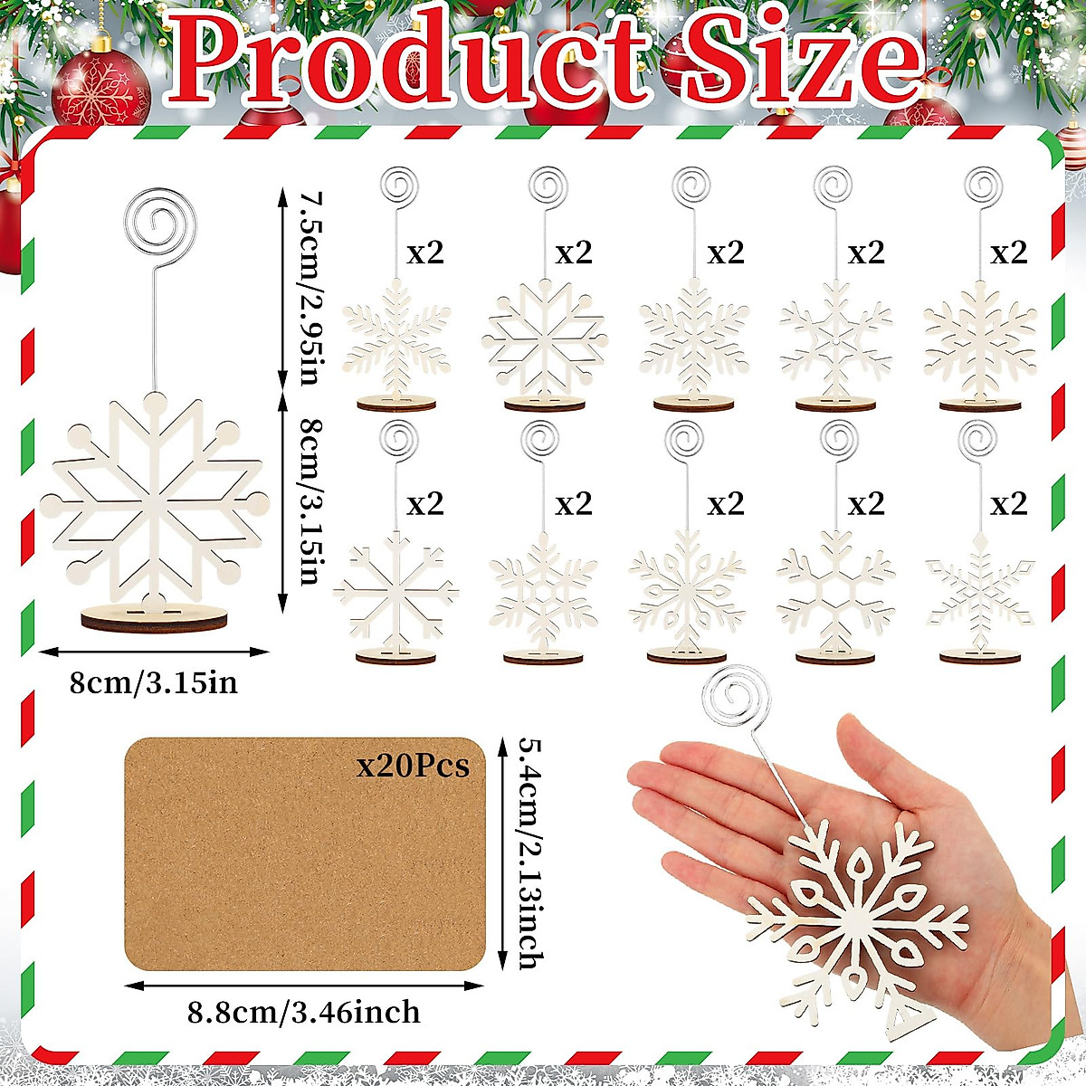 Funnymoom 20 Pcs Christmas Wood Place Card Holders Stand Display and 20 Pcs Kraft Place Cards Santa Snowman Elk Star Number Name Photo Picture Clip Holder for Xmas Party Table Decoration (Snowflake)