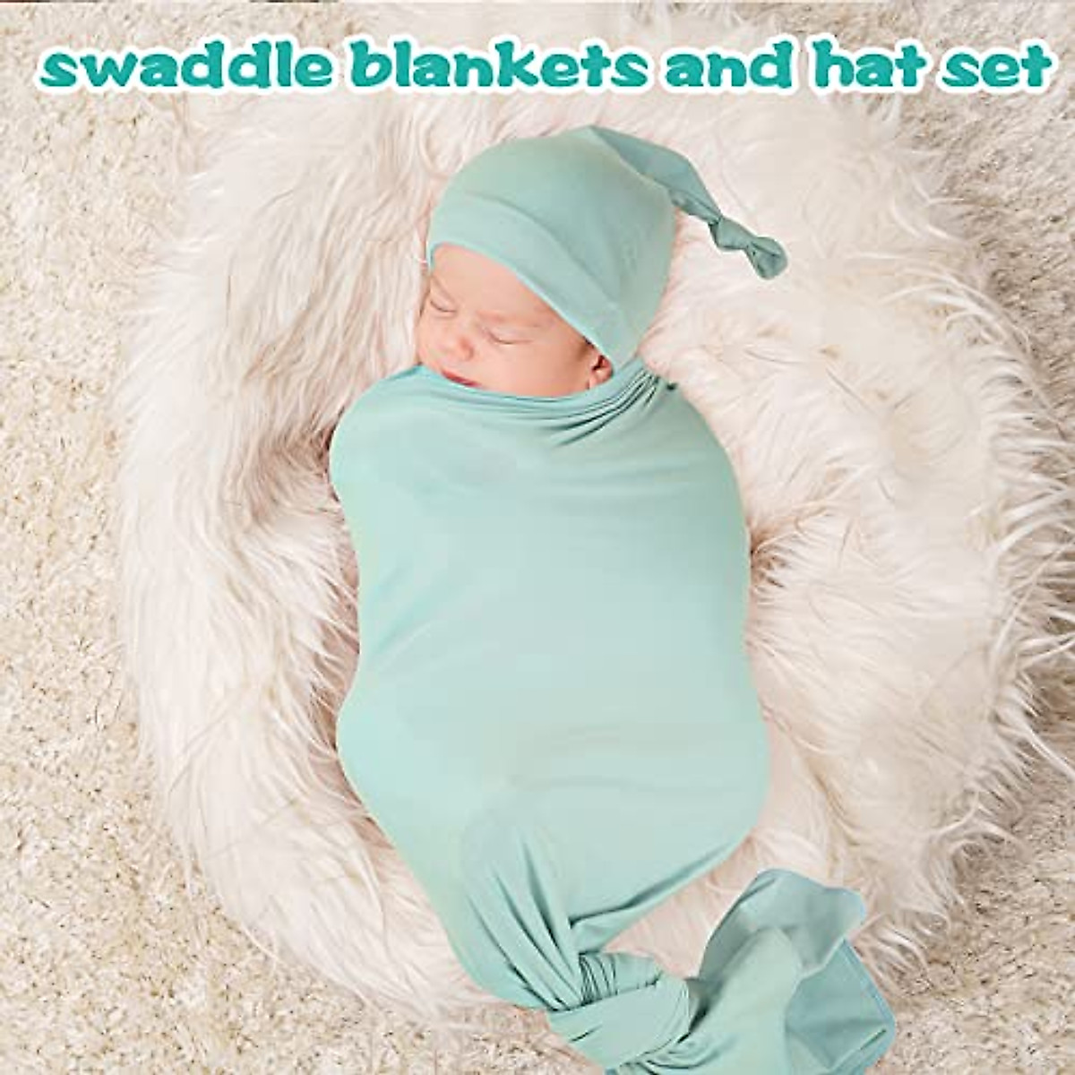 4 Set Newborn Swaddle and Headband Set Cotton Swaddle Hat Set Wrap Receiving Stretchy Swaddle Blankets Swaddle and Bow Set Newborn Beanie Newborn Hat and Swaddle (Light Green, Gray, Pink, Light Khaki)