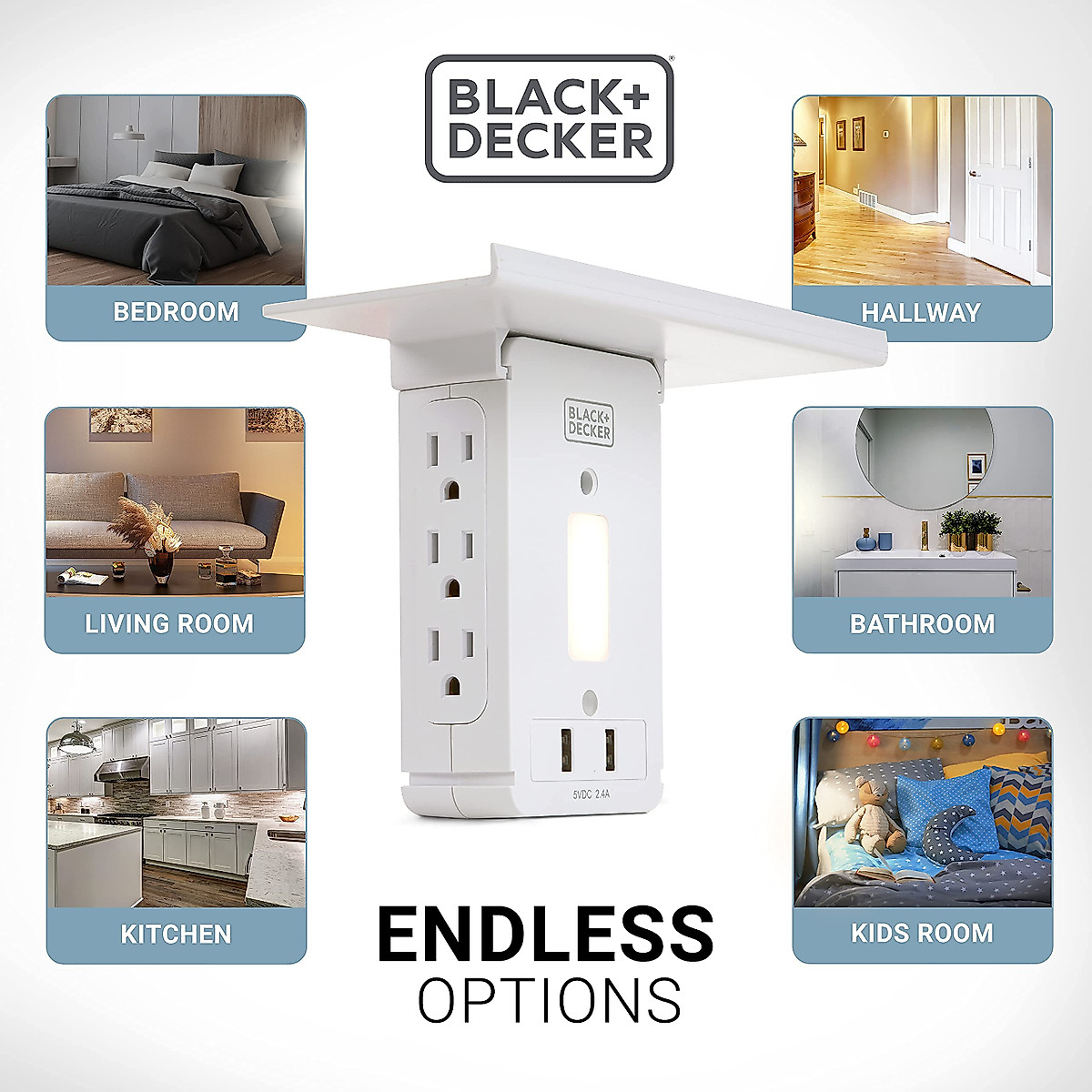 Black+Decker Surge Protector Outlet Shelf with Night Light, 6 Grounded Outlets, 2 USB, 100 Lumen