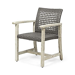 Eartha Outdoor Acacia Wood and Wicker Dining Chair (Set of 2), Light Gray Wash and Mix Black
