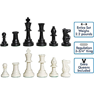 US Chess Federation's Triple Weighted Tournament Staunton Black and White Plastic Chess Pieces - 3.75" King
