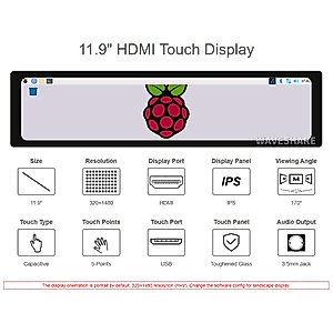 Coolwell 11.9inch Capacitive Touch Screen LCD for Raspberry Pi Series/Jetson Nano/PC, 320×1480, HDMI, IPS Display Panel, Toughened Glass Cover