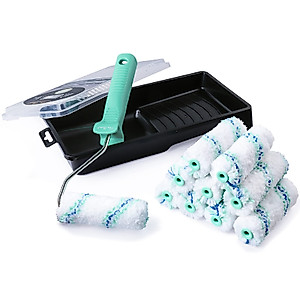 4 inch Small Paint Roller Tray Set, PinStone 12pcs 4" Mini Paint Roller with Extension Threads, 10 Microfiber Covers & Paint Preservation Tray Lid, Mini Rollers for Painting Walls, Cabinets, Touch-ups