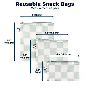 Tiny Twinkle 3 Pack Reusable Snack Bags - Machine Washable, PFAS, PVC, BPA, Phthalate-Free Reusable Baby and Toddler Food Safe Snack Bags (Sage Checkers)