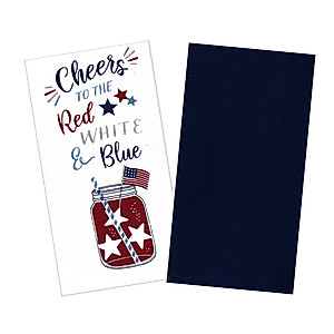 Patriotic Kitchen Towel Set - Red White and Blue Dual Cotton Terry Dishtowel Decorated with Mason Jar Drink, American Flag for 4th of July, Memorial Day,