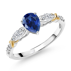 Gem Stone King 925 Silver 10K Yellow Gold Pear Shape Blue Created Sapphire White Moissanite and White Lab Grown Diamond Engagement Ring For Women (1.29 Cttw, Gemstone September Birthstone, Size 8)