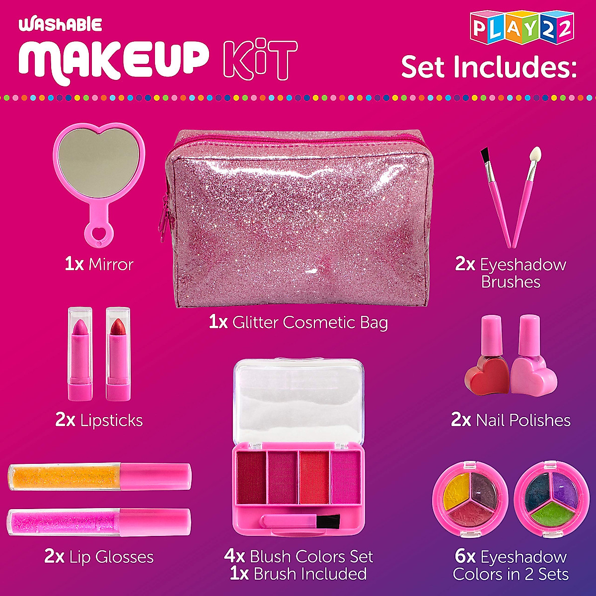 Kids Makeup Kit For Girl - 13 Piece Washable Kids Makeup Set – My First Princess Make Up Kit Includes Blush, Lip Gloss, Eyeshadows, Lipsticks, Brushes, Mirror Cosmetic Bag Best Gift For Girls Original