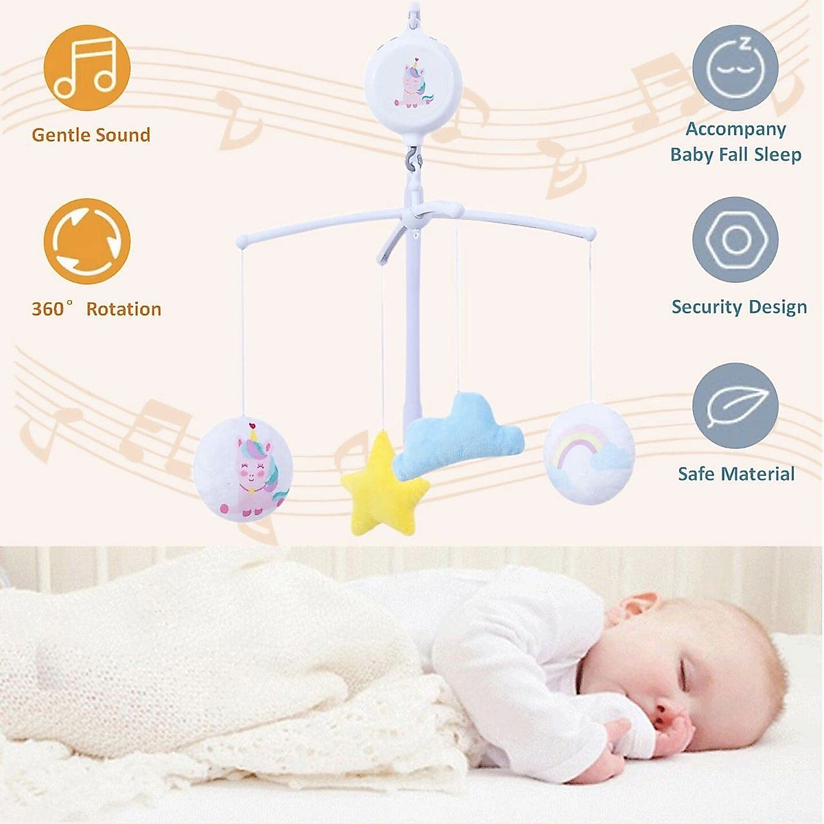 Crib Mobile for Girls Boys, Baby Mobile for Crib with Digital Music Box Special 35 Lullabies for Baby Gifts Ages Newborn +, Pink Unicorn - Yellow Star - Blue Cloud - Rainbow