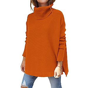 LILLUSORY Orange Turtleneck Oversized Sweaters Long Batwing Sleeve Tunic Pullover Sweater Knit Tops