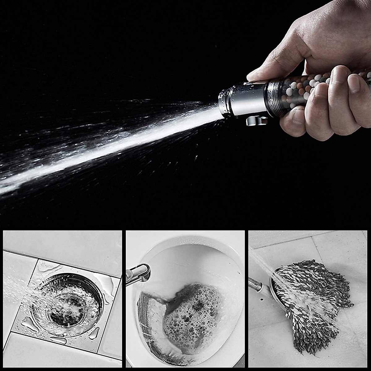 KAIYING Filtered Shower Head with Pausing Switch, High Pressure Hand Held Detachable and Removable Filter Showerhead with 5Ft Hose, Adjustable Angle Bracket (Transparent)