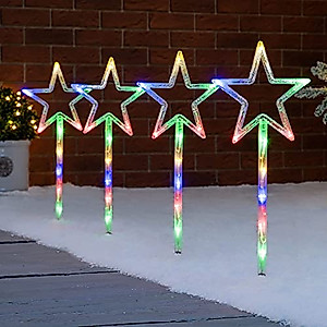 Solar Christmas Star Lights Outdoor Pathway Markers , Set of 4 Pre-lit Xmas Star Decoration Stake for Path, Yard, Lawn, Garden, Landscape