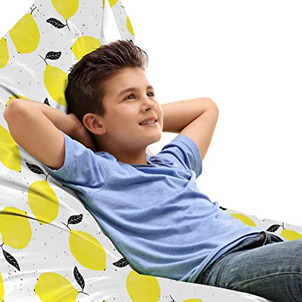 Lunarable Lemon Lounger Chair Bag, Hand-Drawn Juicy Citrus Fruits with Green Leaves on Grunge Background, High Capacity Storage with Handle Container, Lounger Size, Yellow Dark Green White