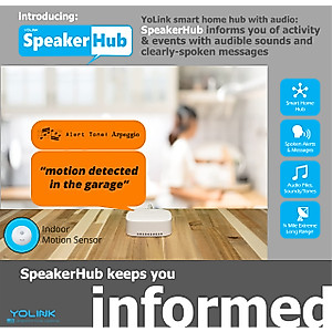 YoLink SpeakerHub & Two Motion Sensor Smart Home and Security Kit – Audio Hub Plays Tones/Sounds, Spoken Messages, LoRa-Powered ¼ Mile Range, WiFi Required
