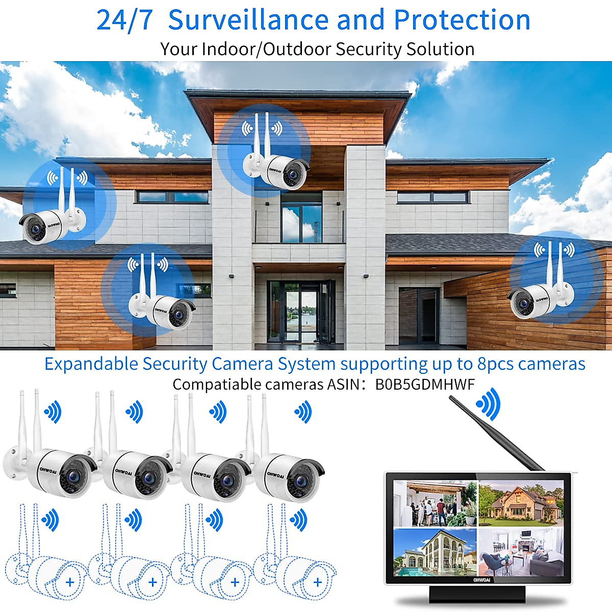 [2 Antenna Signal Enhance & 100ft Super Night Vision] Wireless Security Camera System Outdoor, 4pcs 3MP CCTV Camera Security System Wireless, Home WiFi Video Surveillance NVR Kits, All in One Monitor