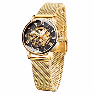 FORSINING Steampunk Watches Women's Skeleton Watch Golden Mechanical Watch for Women Minimalist Retro Design Staempunk Mechanical Skeleton Wrist Watch Transparent