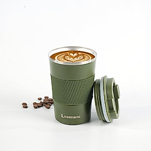 LOEENANC 12oz Travel Mug, Insulated Coffee Cup, Leak Proof, Anti-skid, Thermal Insulation For Over 8 Hours, Easy To Clean, Reusable Stainless Steel Double Deck Coffee Cup。