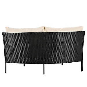 EOVTK 3-Piece Outdoor Furniture Patio Half-Moon Rattan Conversation Set, All Weather Curved Sectional Sofa with Thick Soft Cushions, Beige