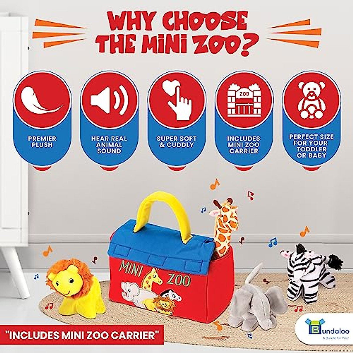 Bundaloo Plush Mini Zoo Playset - Giraffe, Elephant, Lion, Zebra - Interactive Animals, Carrier with Velcro Closure, Natural Sound Effects for Babies and Toddlers