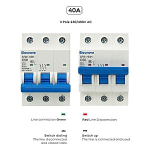 Elecnova 6-63A Miniature Circuit Breaker, AC 3 Pole 400V, DIN Rail Mounted 40 amp Breaker, Overload, Short-Circuit Protection, 110V / 120V Available, MCB