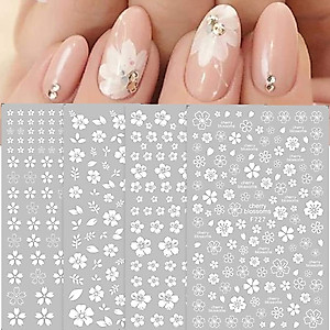 Flower Nail Stickers 3D Self-adhesive Nail Art Supplies 4 Sheets White Cherry Blossom Nail Art Decals Manicure Tips Nail Decoration Floral Nail Stickers for Acrylic Nails Beauty Charms Accessories