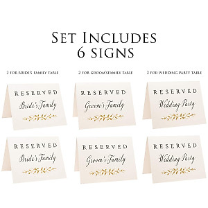 2 City Geese Reserved Wedding Table Signs | Set of 6 Pearl White and Gold Reserved Signs Including Reserved for Bride's Family Groom's Family and Wedding Party | Freestanding Double Sided